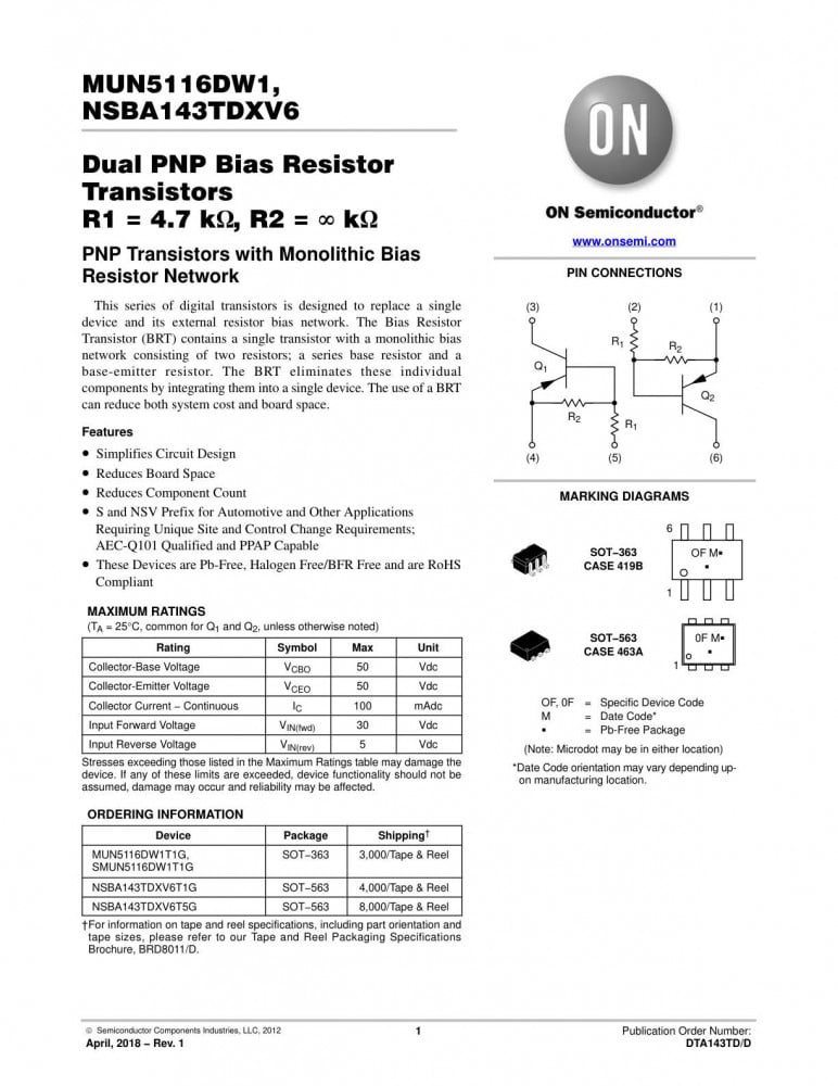 SMUN5116DW1T1G datasheet page 1