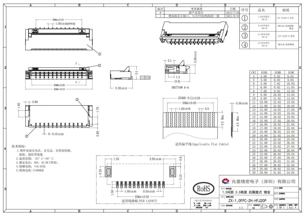 Megastar ZX-1.0FPC-2H-HFJ20P technical document page