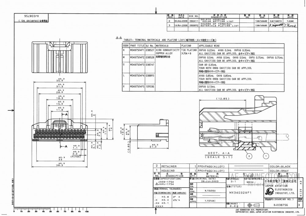 JAE MX34032SF1 technical drawing page