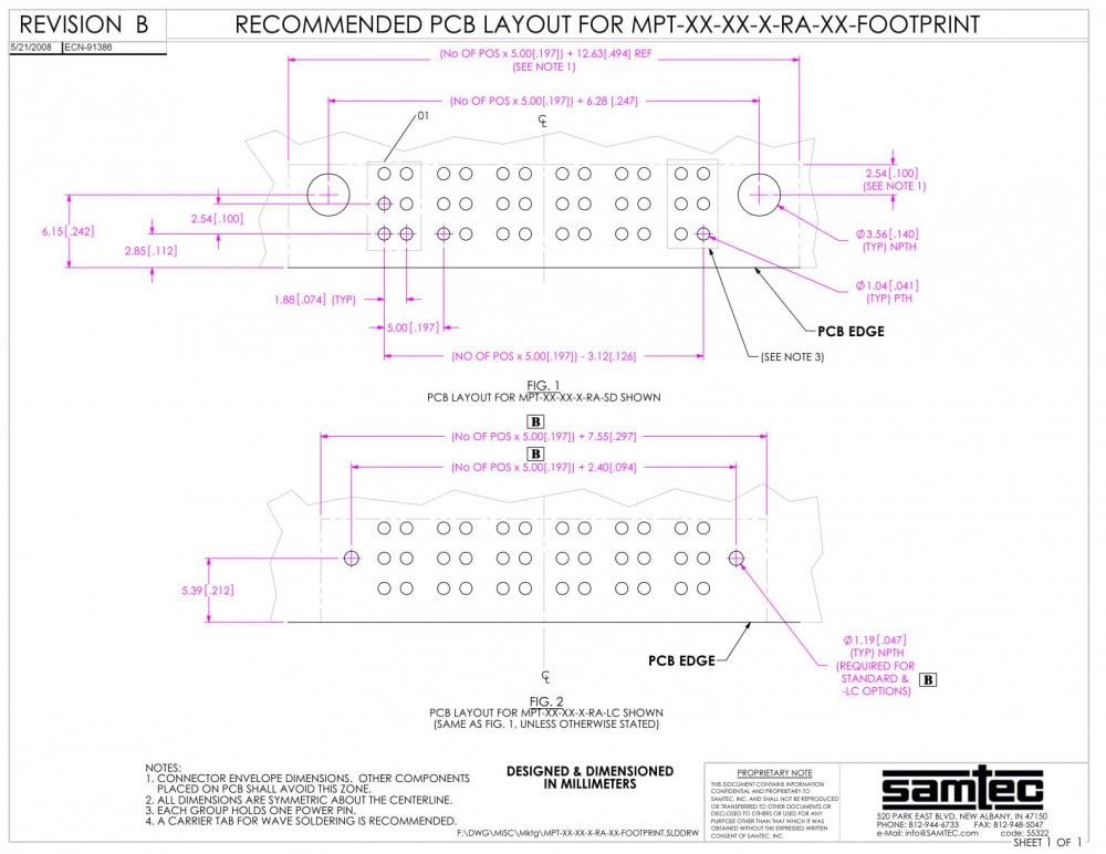 Samtec MPT recommended PCB layout drawing Revision B