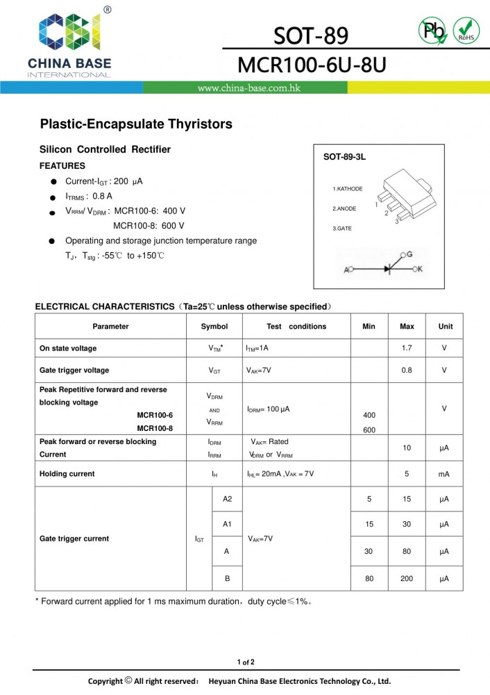 CBI MCR100-8U datasheet page 1