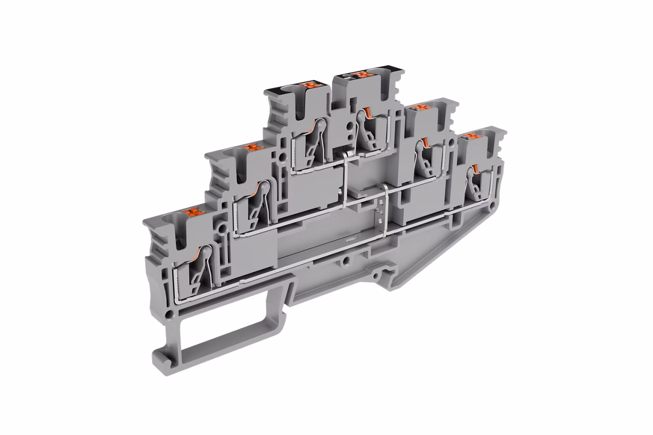 Three Level Feed-Through Terminal Block, Push-in Design, 5.10mm Width, 300V, 20.0A for sale