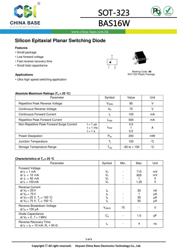 CBI BAS16W datasheet page 1