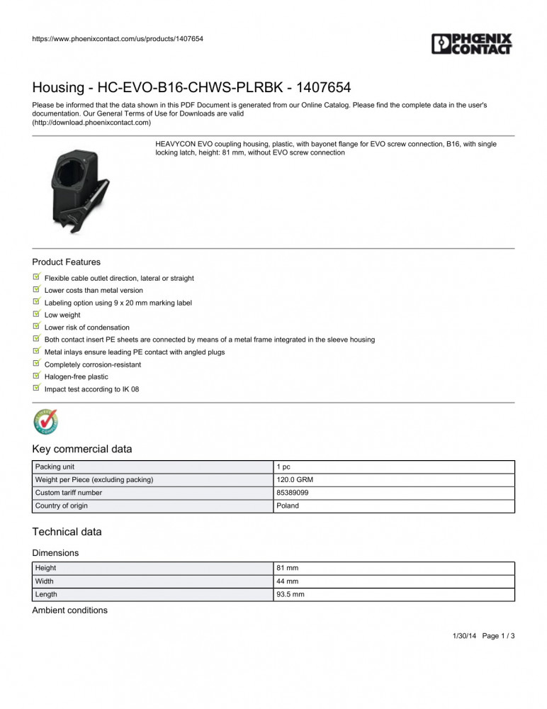 Phoenix Contact 1407654 product document page 1