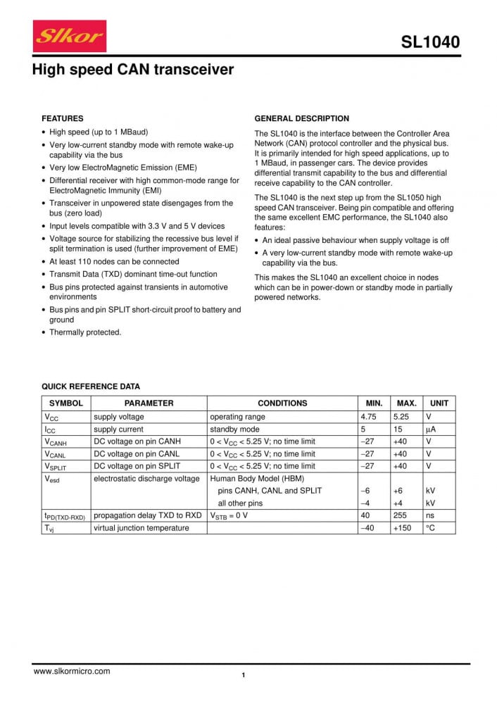 SL1040S datasheet page 1