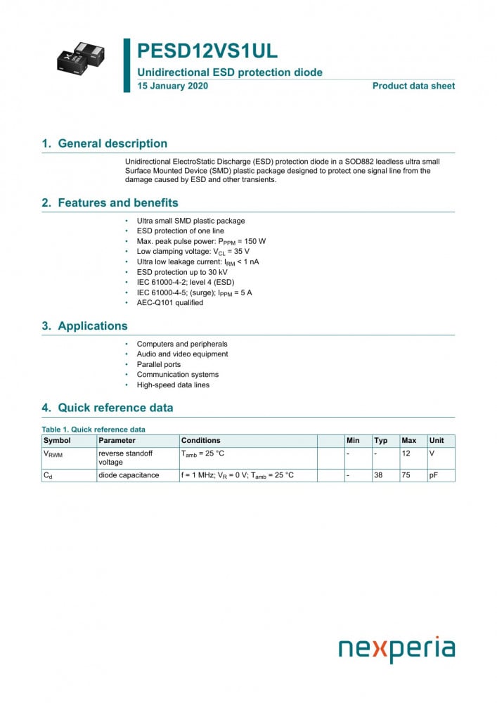PESD12VS1UL datasheet page 1