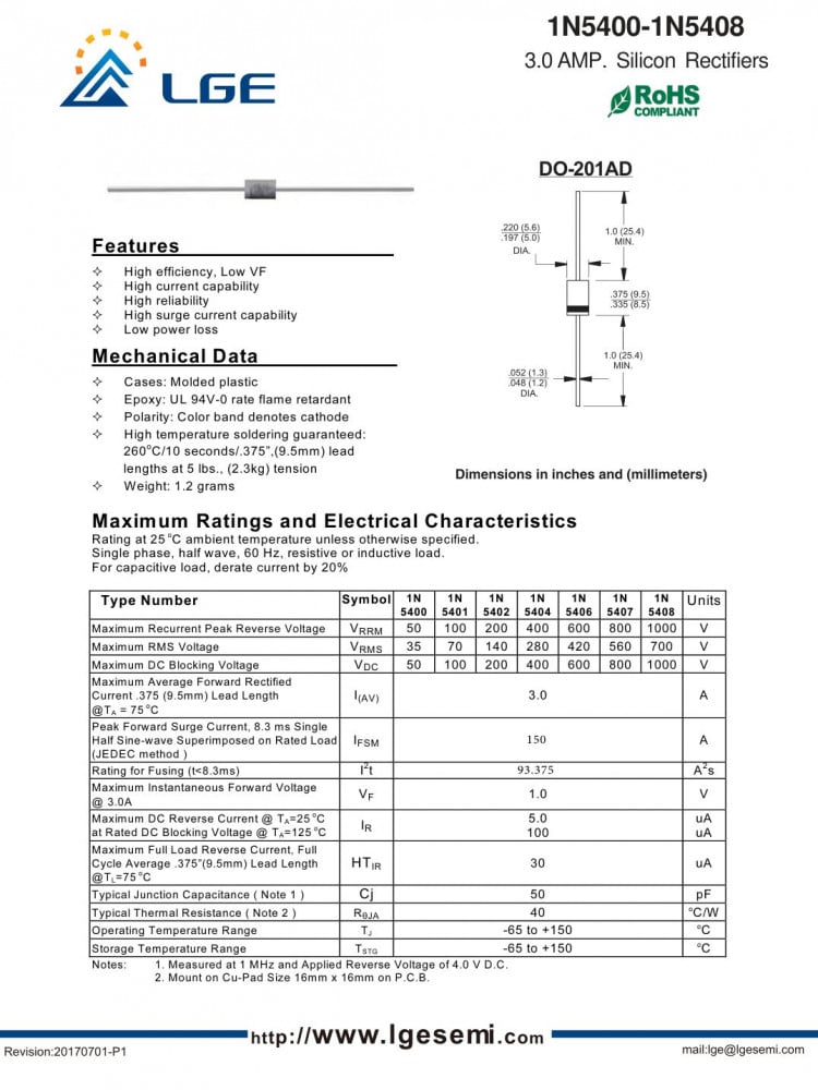 LGE 1N5406 datasheet page 1
