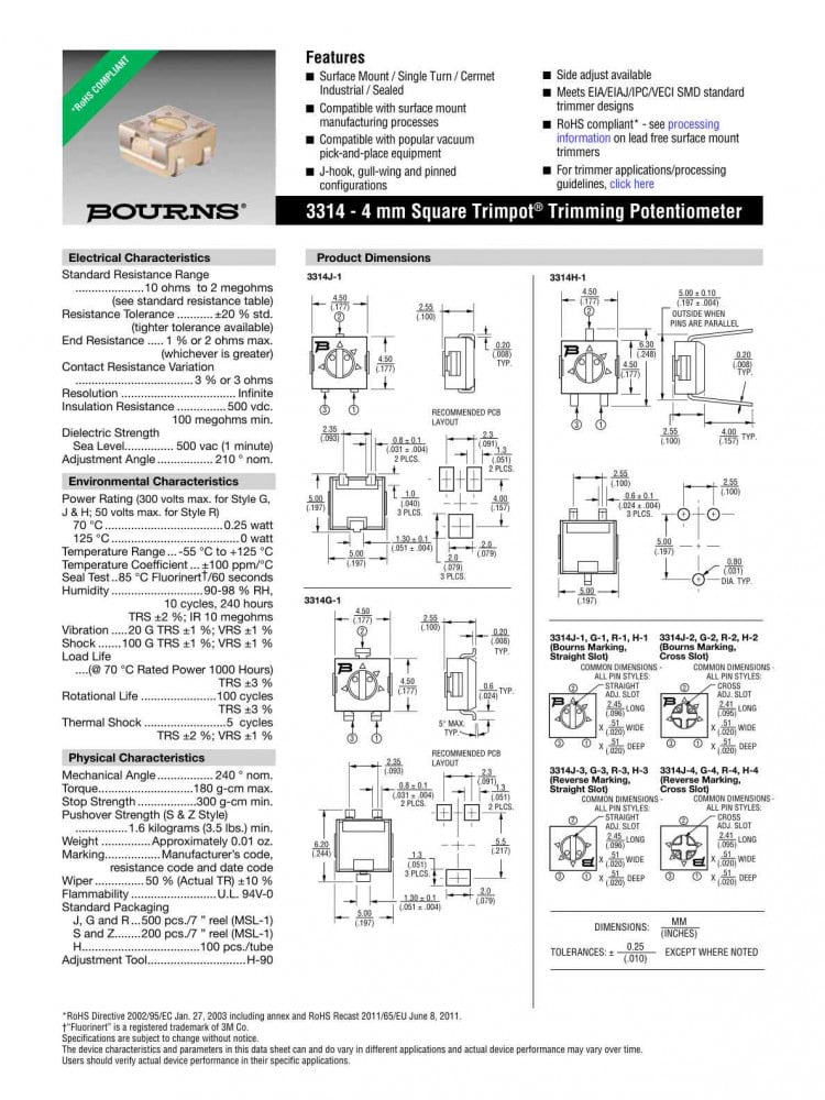 BOURNS 3314 datasheet page 1