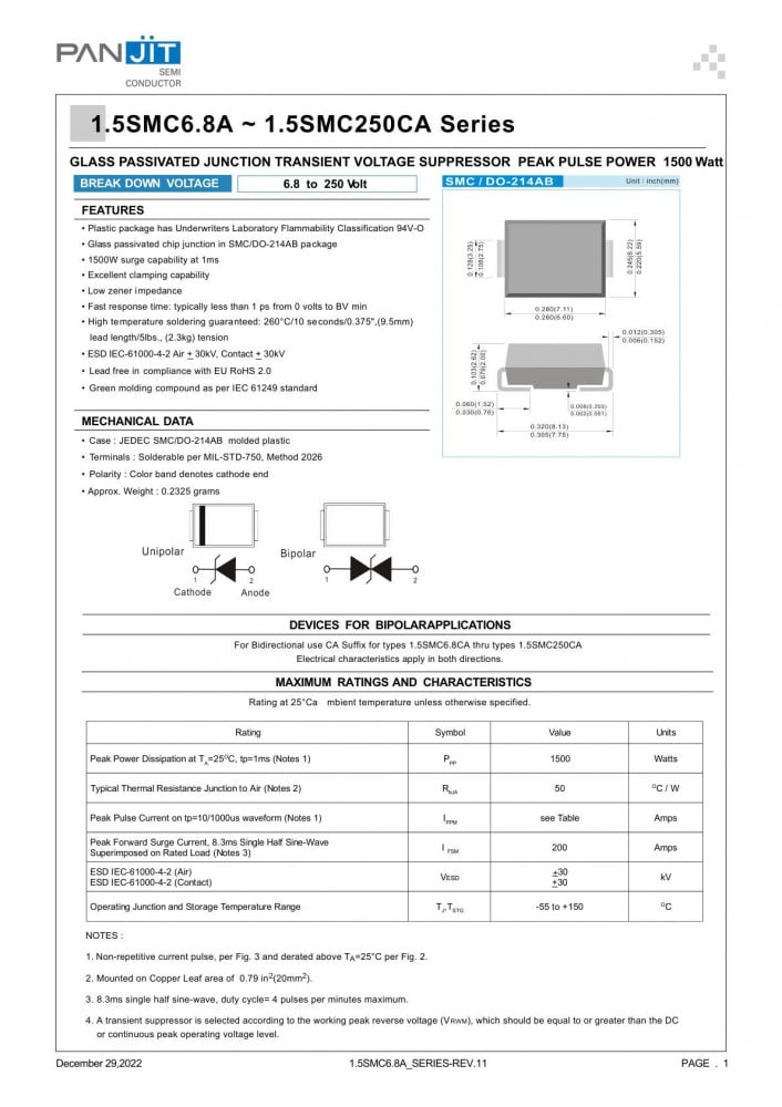 PANJIT 1.5SMC series datasheet page 1