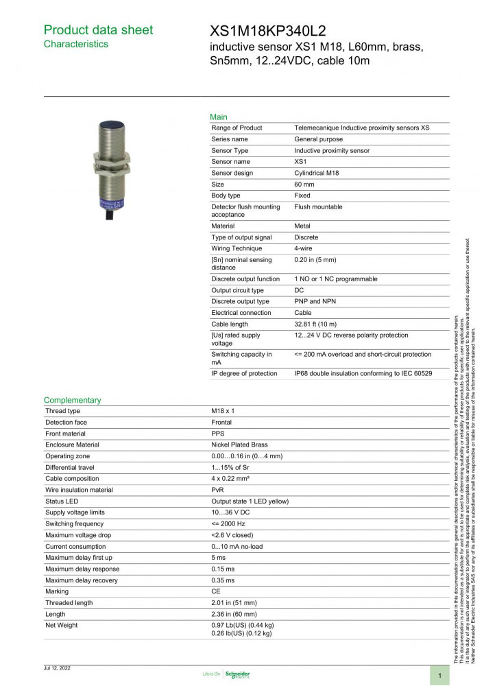 XS1M18KP340L2 technical document page 1