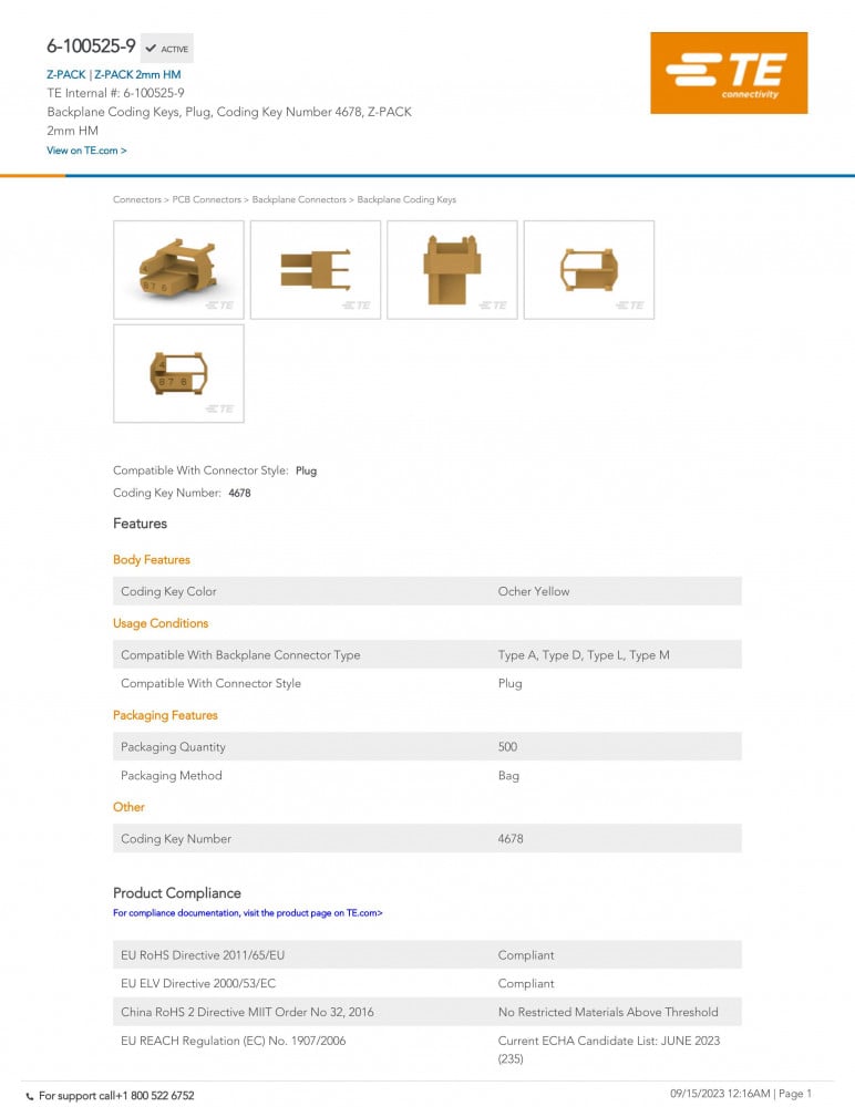 TE Connectivity 6-100525-9 technical document page 1