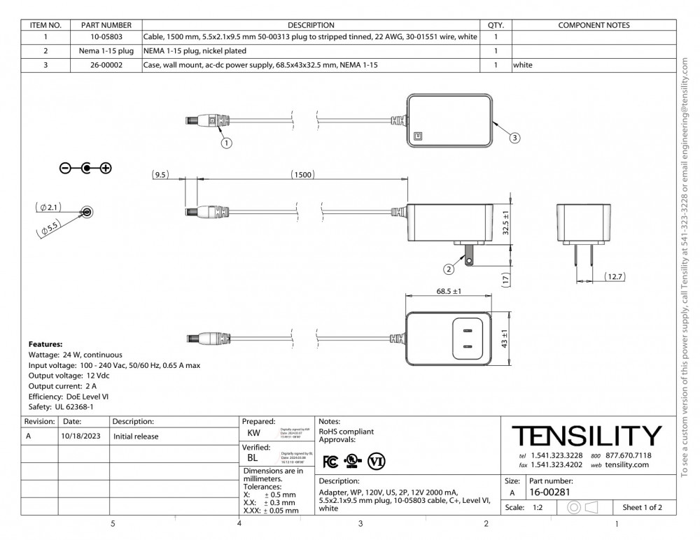 Tensility 16-00281 product drawing, page 1