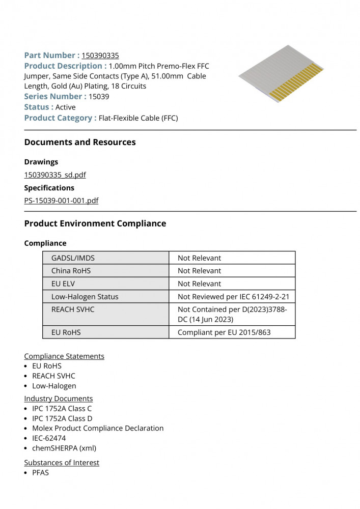 Molex FFC family specification, page 1