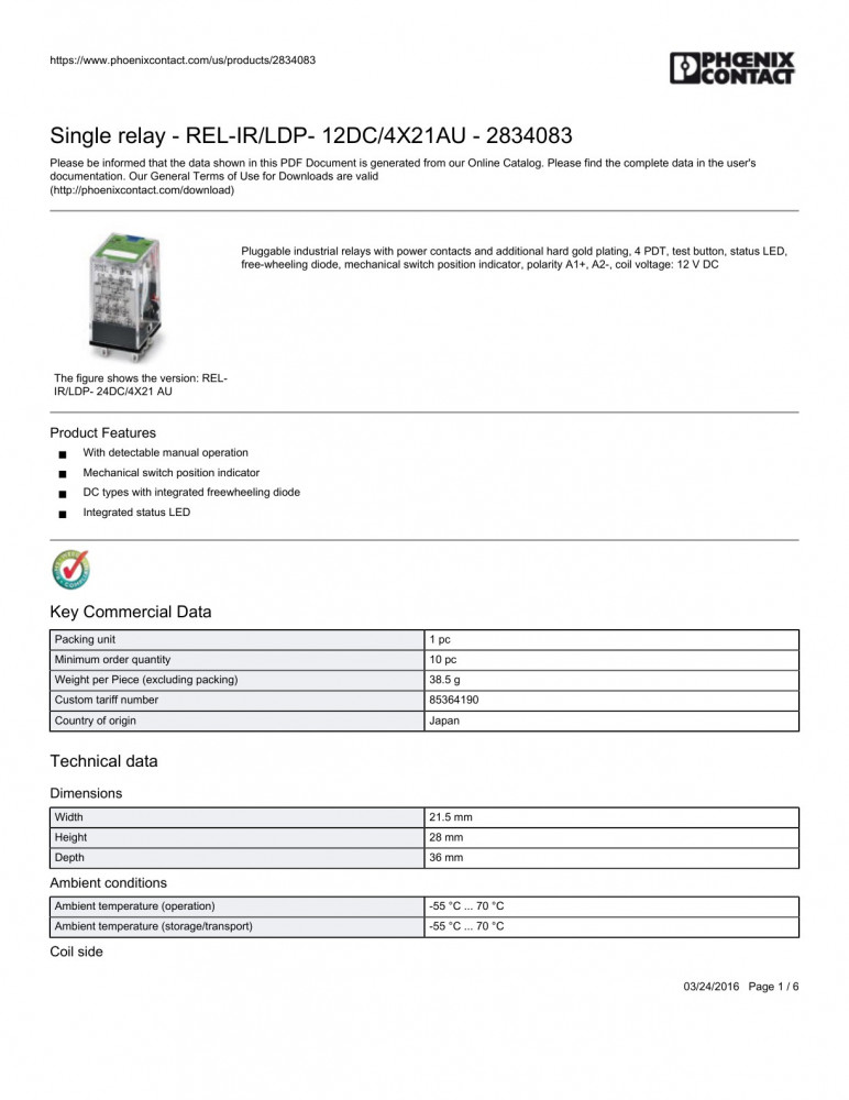 Phoenix Contact 2834083 technical document page 1