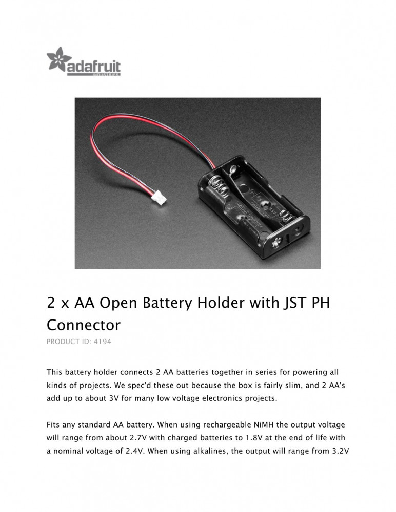 Adafruit 4194 two AA battery holder technical image