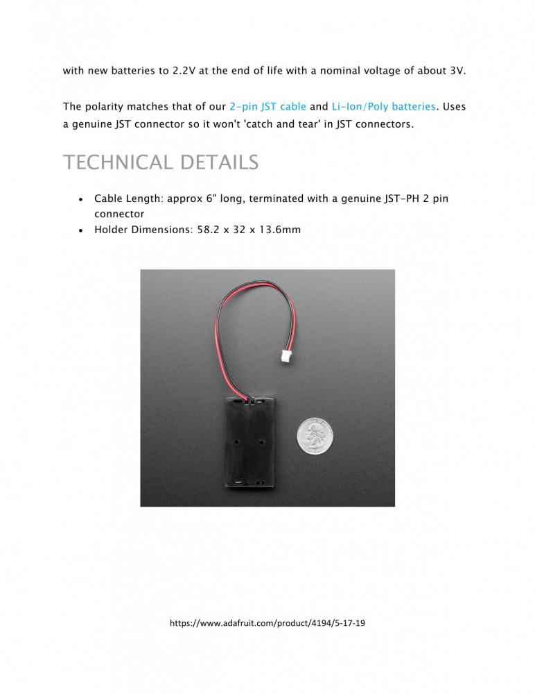 Adafruit 4194 JST-PH battery holder technical image