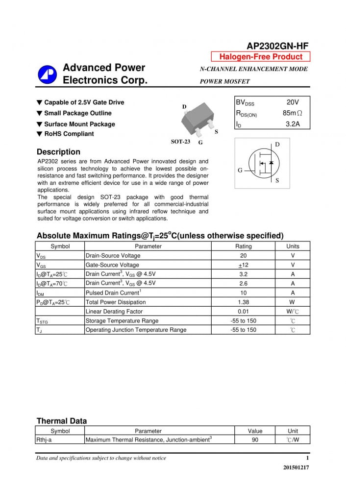 AP2302GN datasheet page 1