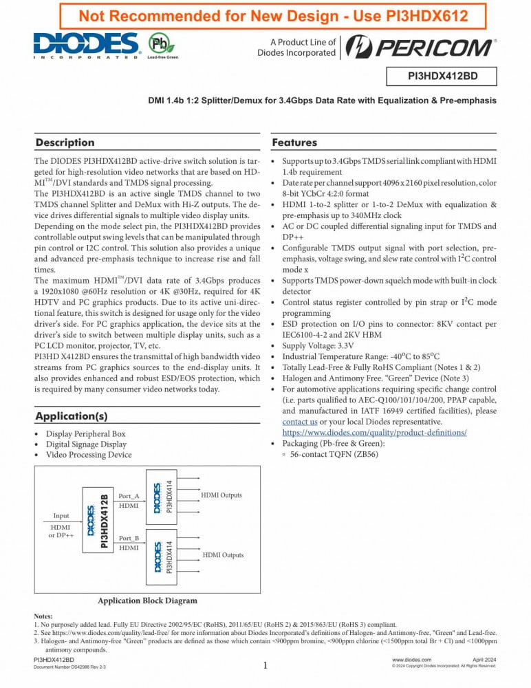 PI3HDX412BD datasheet page 1