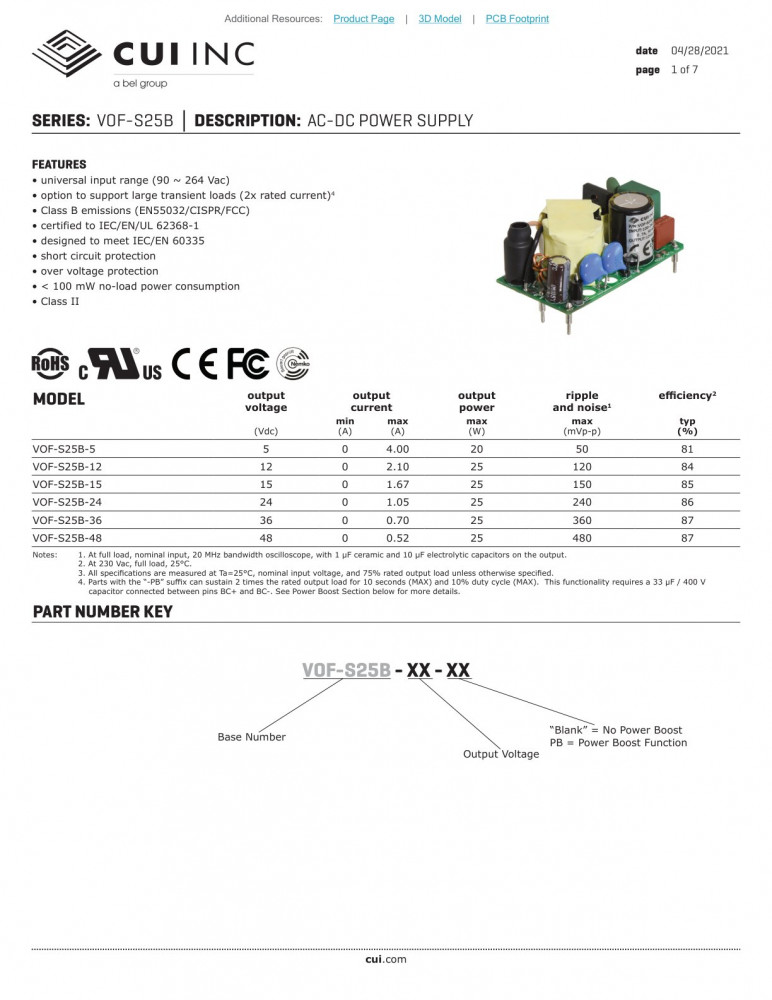 CUI VOF-S25B datasheet page 1