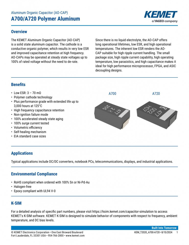 KEMET A700 datasheet page 1