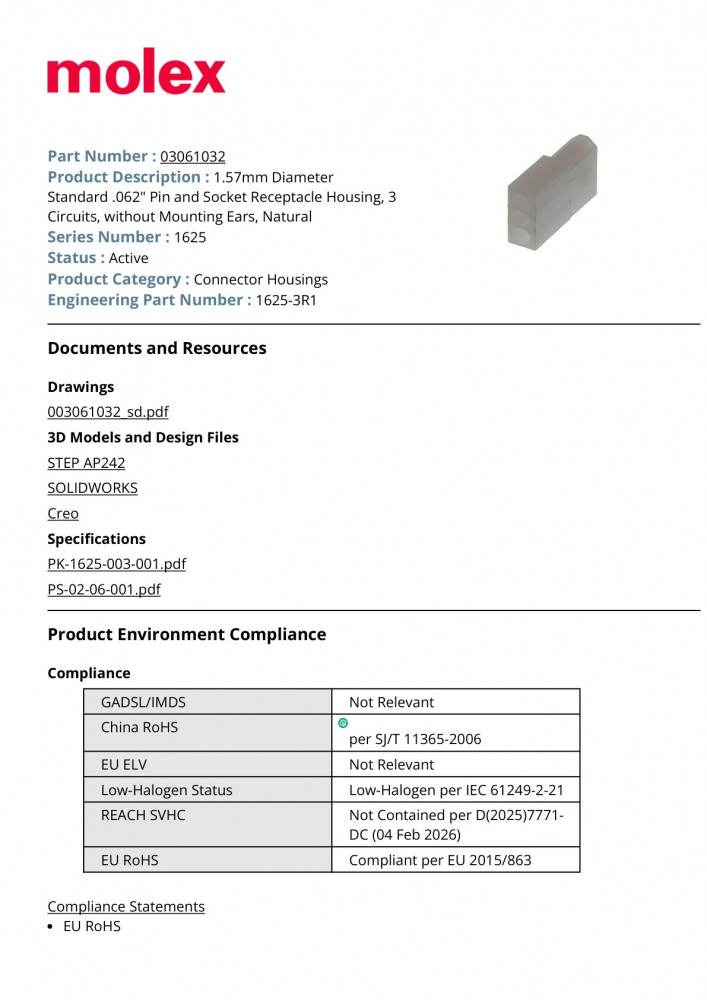 MOLEX 0.062 miniature pin terminal specification, page 1