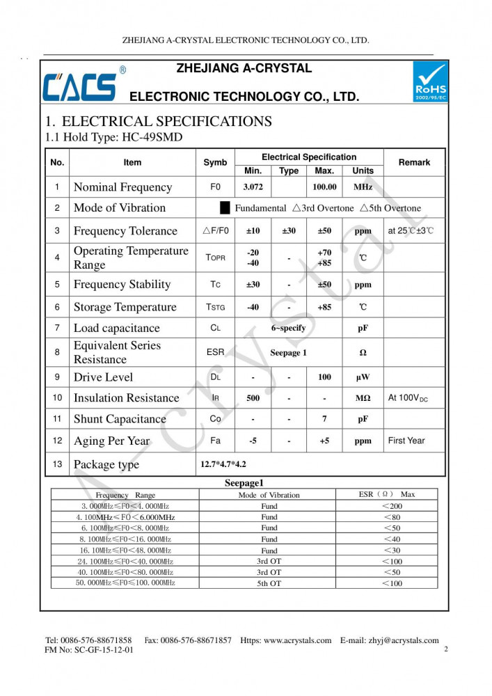 HC-49SMD specification document, page 2