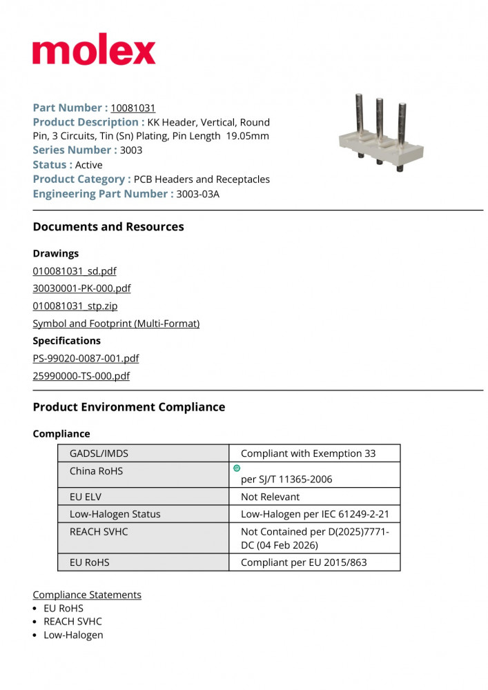 Molex KK 5.08 mm connector specification page 1
