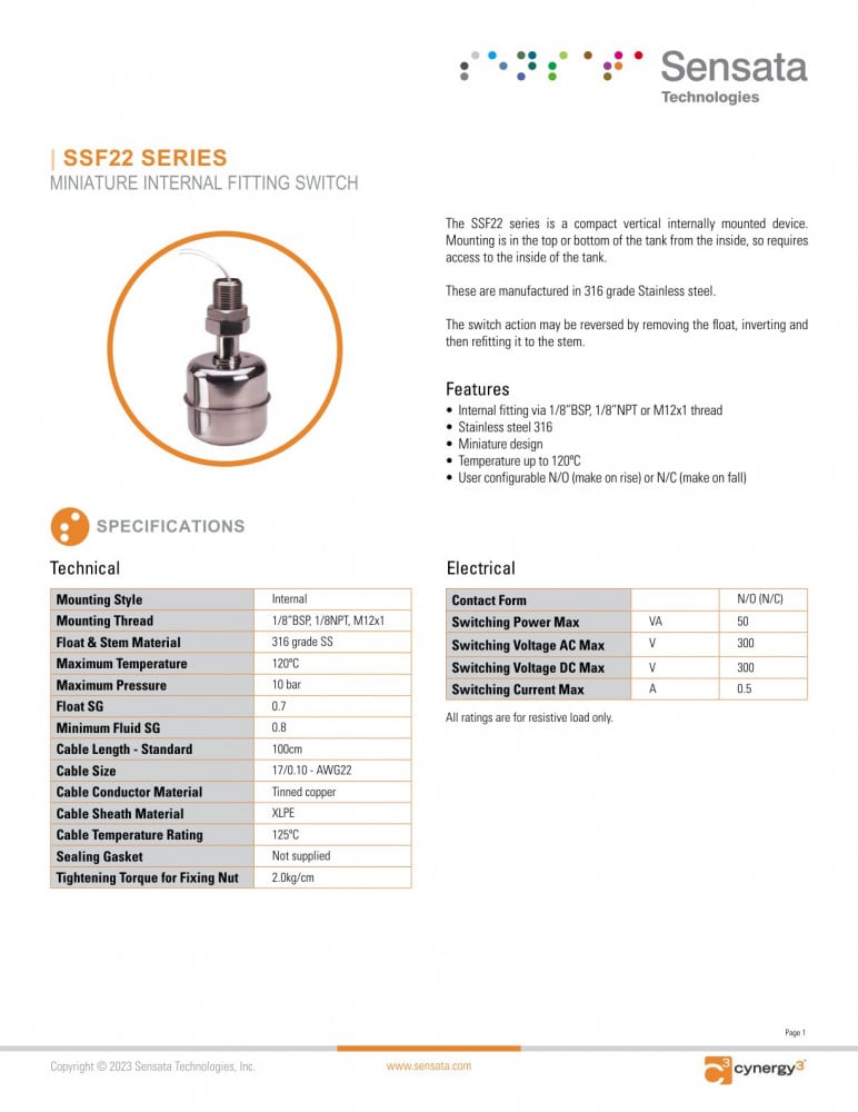 Sensata SSF22 series technical drawing