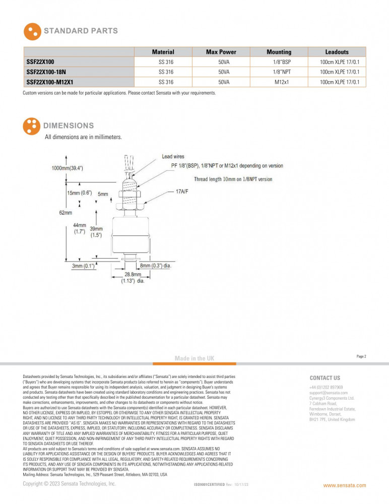 Sensata SSF22X100 dimensions page
