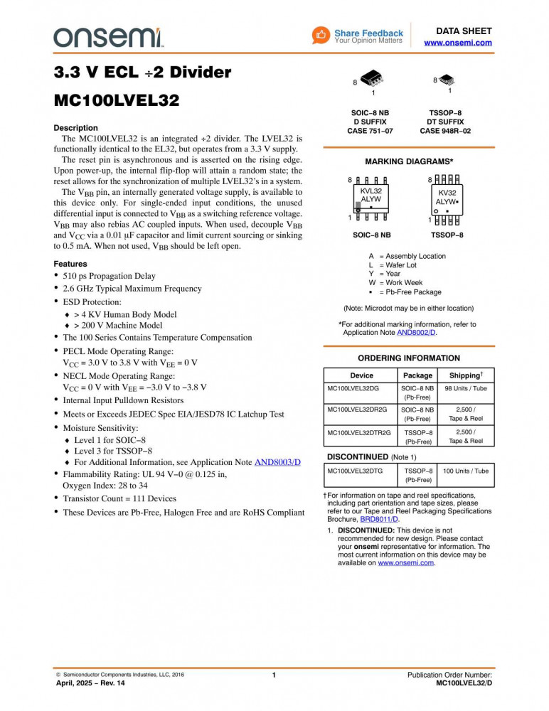 MC100LVEL32 datasheet page 1