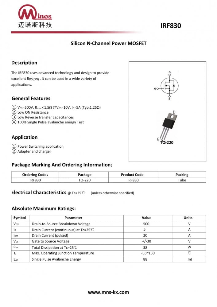 IRF830 datasheet page 1