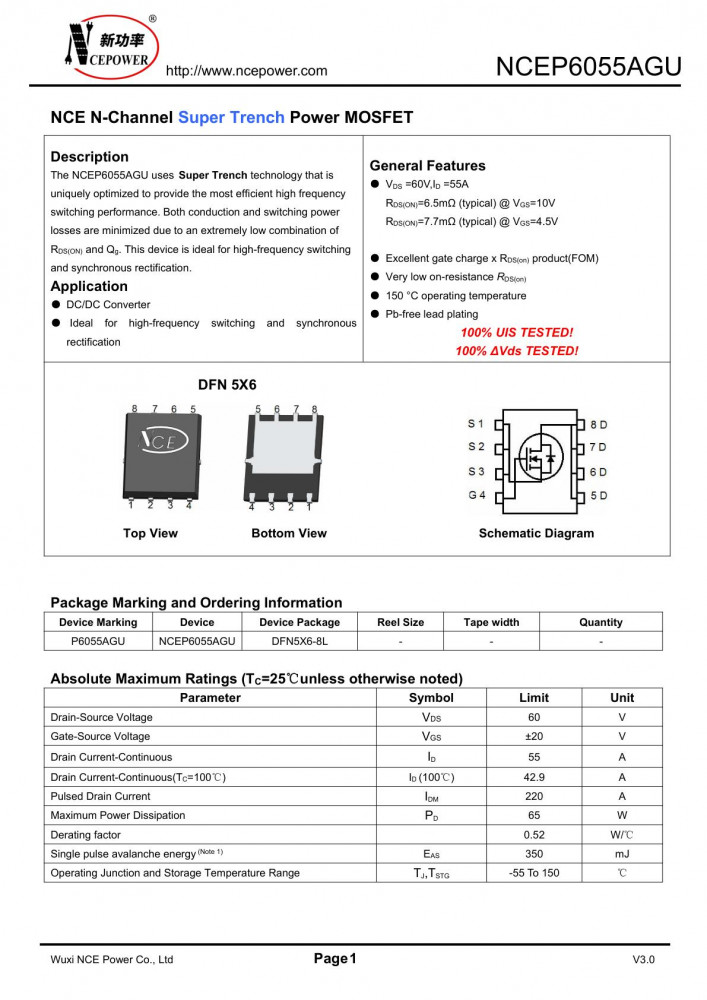 NCEP6055AGU datasheet page 1