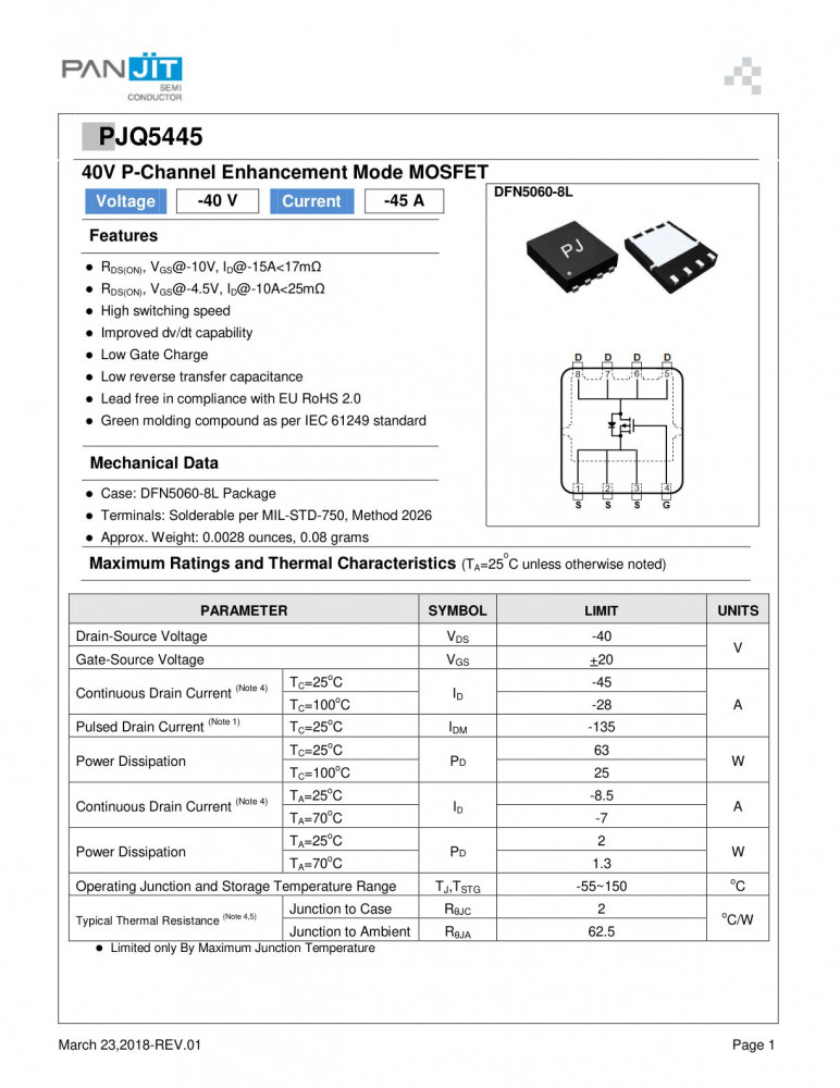PJQ5445 datasheet page 1