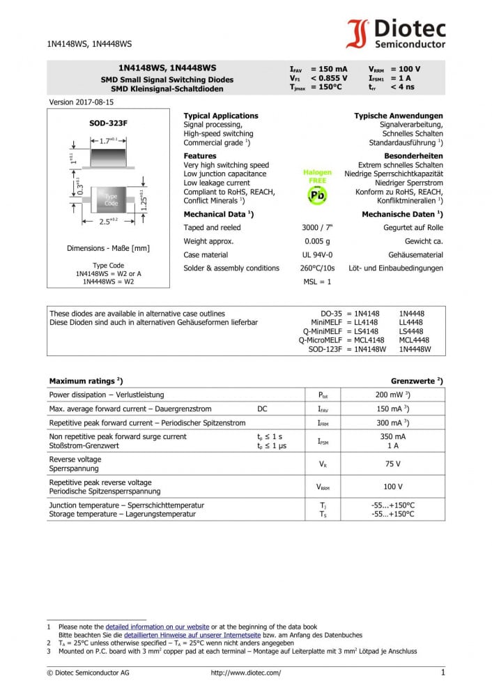 DIOTEC 1N4148WS datasheet page 1