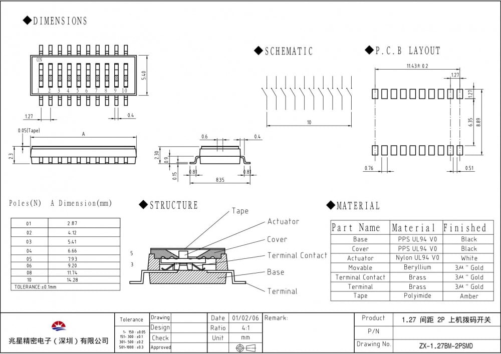 Megastar ZX-1.27BM-2PSMD technical drawing page 1