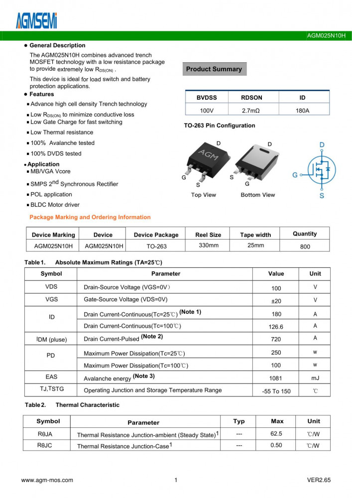 AGM025N10H datasheet page 1