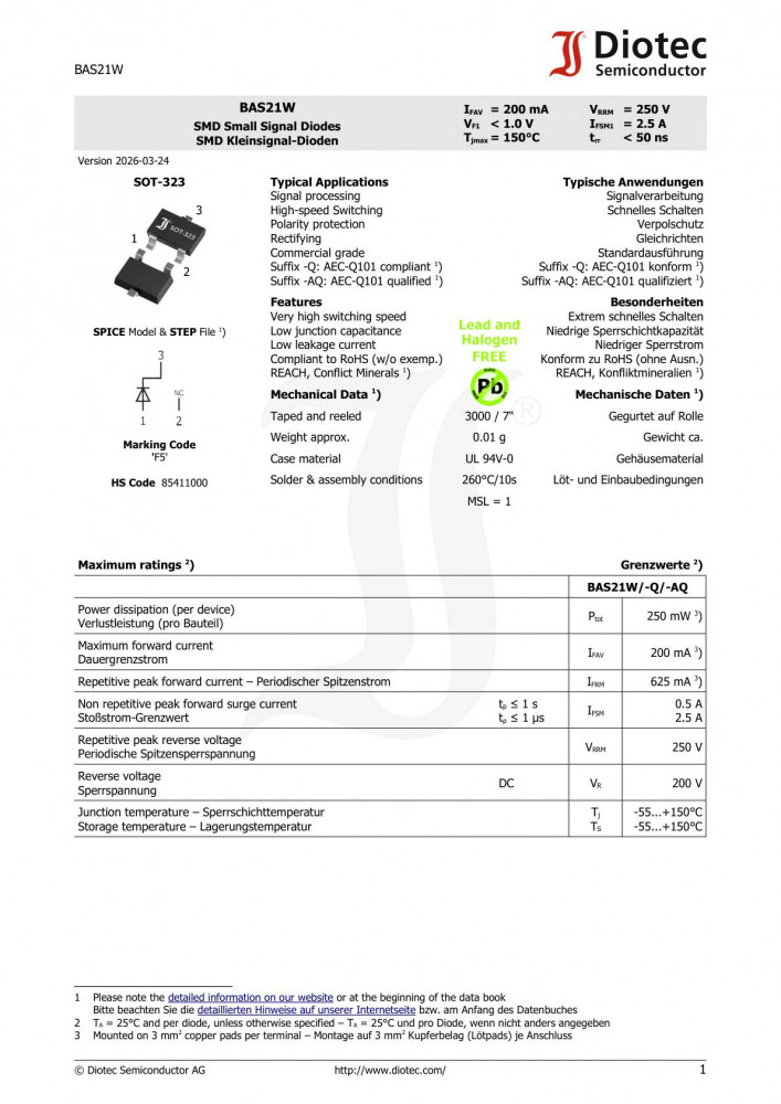 DIOTEC BAS21W datasheet page 1