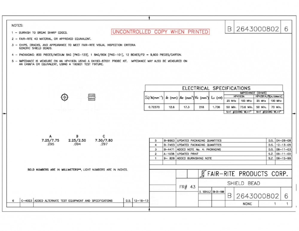 Fair-Rite 2643000802 technical specification document