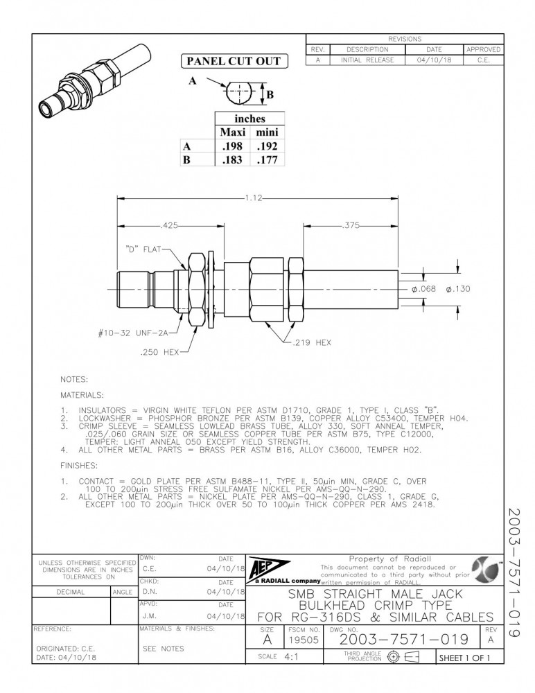 Radiall 2003-7571-019 product drawing