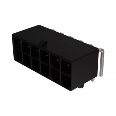 Mega-Fit Right-Angle Header, 5.70mm Pitch, Through Hole, Dual Row, 12 Circuits, 0.76µm Gold (Au) Plating, 3.60mm Tail Length, Glow-Wire Capable, Tape and Reel, Black for sale