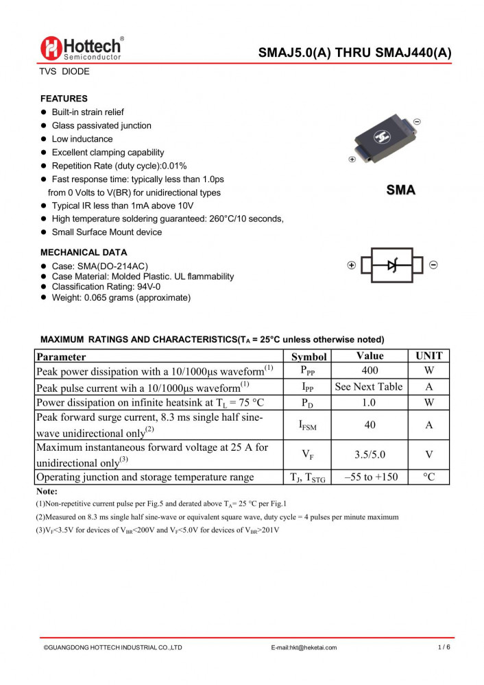 SMAJ TVS diode datasheet page 1