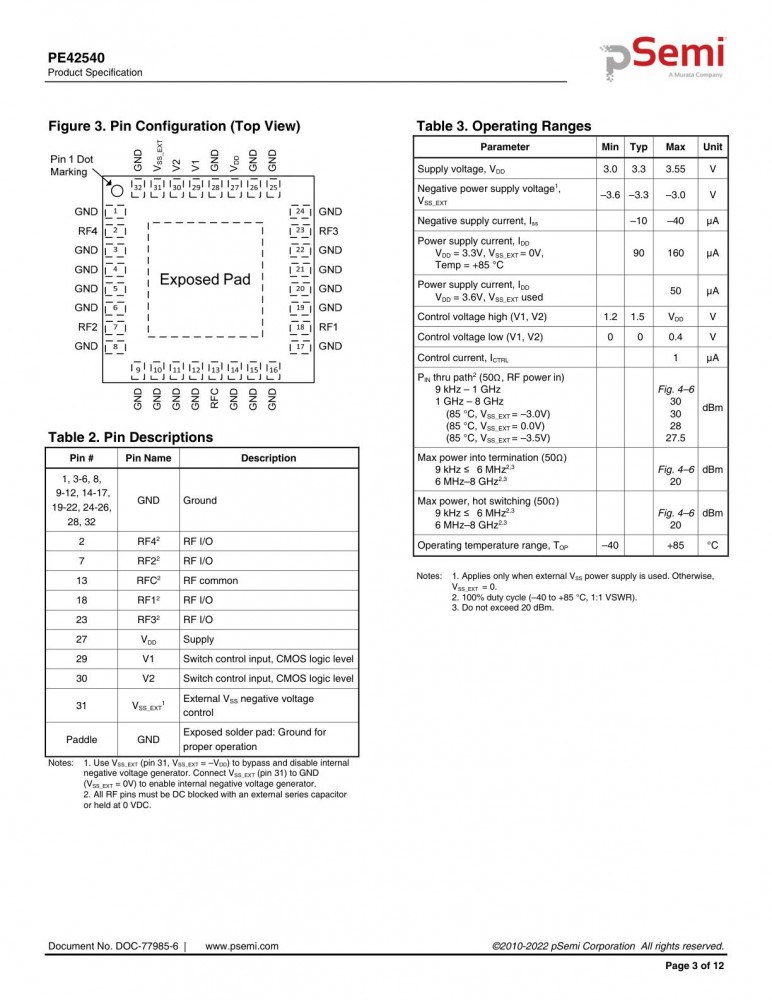 PE42540G-Z datasheet page 3