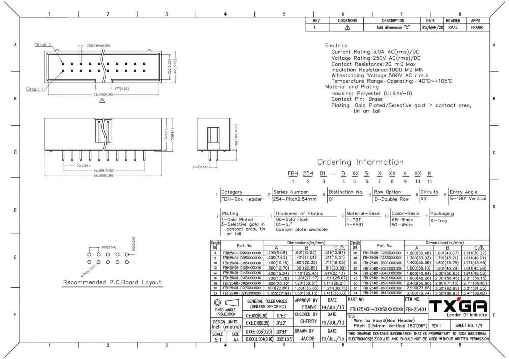 TXGA FBH25401 mechanical drawing preview