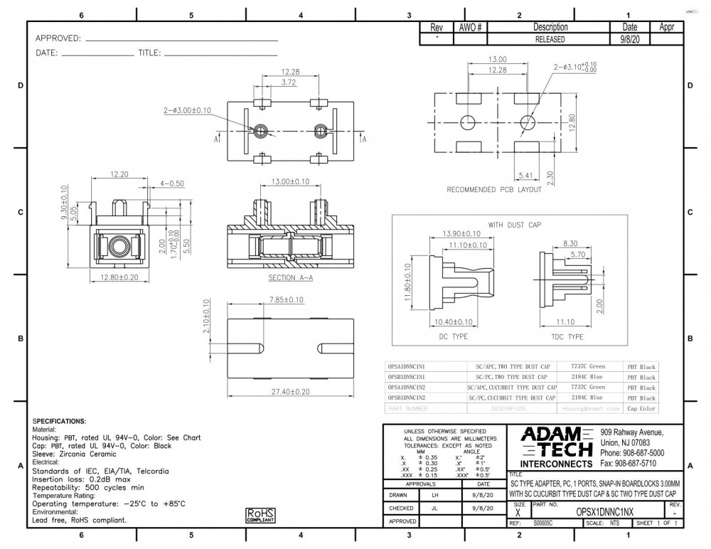 ADAM TECH SC adapter product drawing preview