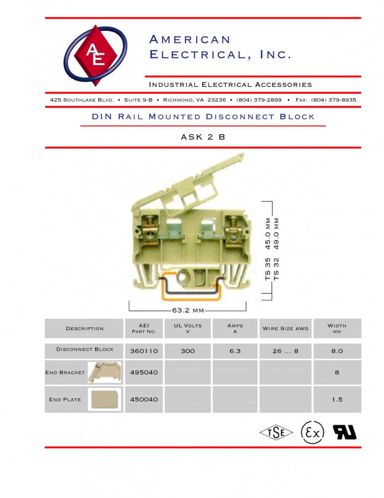 American Electrical DIN rail mounted disconnect block document