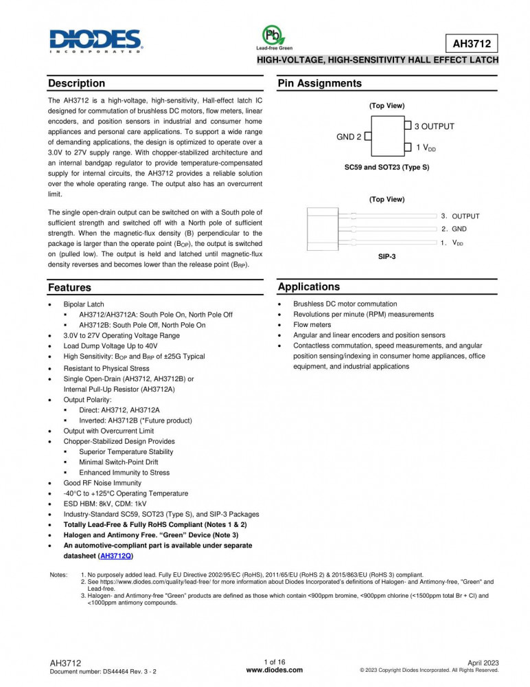 AH3712 datasheet page 1
