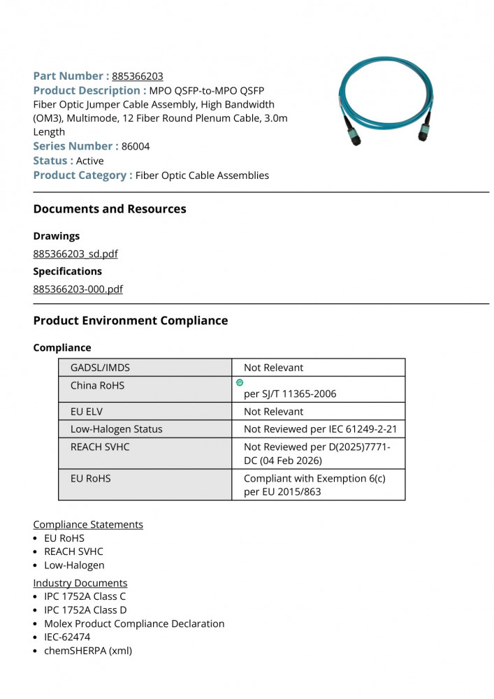 MOLEX 885366203 document image, page 1