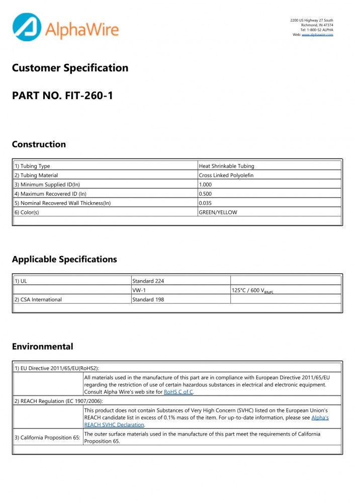 Alpha Wire FIT-260-1 technical document page 1