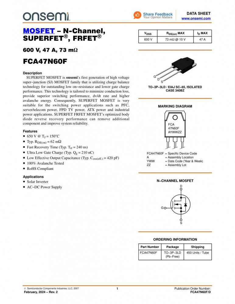FCA47N60F technical document page 1