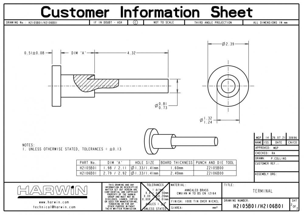 Harwin H2106B01 technical drawing